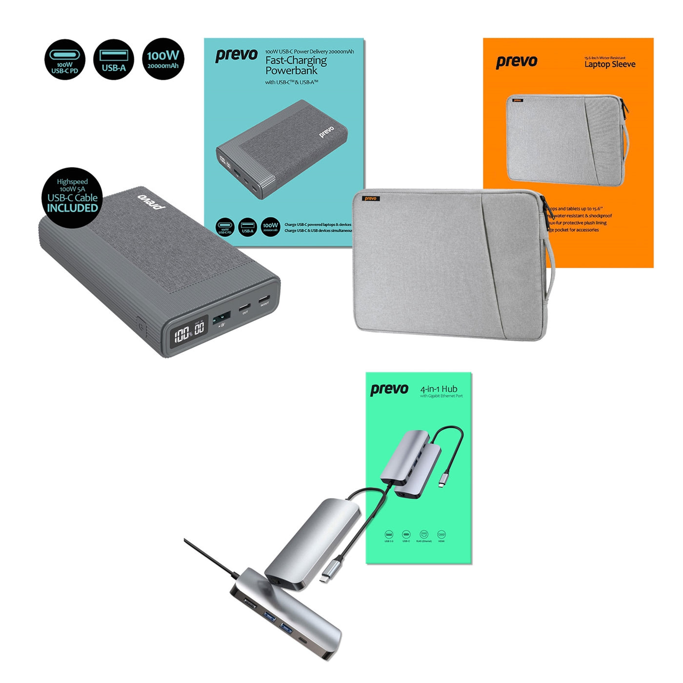 Prevo Business Travel Bundle with 100W Fast Charge 20000mAh Powerbank ...